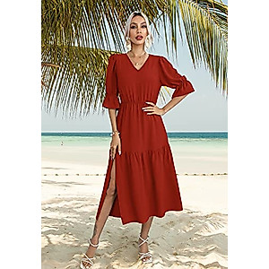 OFEEFAN Midi Dresses for Women Summer Casual Smocked Dress Flowy V Neck Dress Long Burgundy M