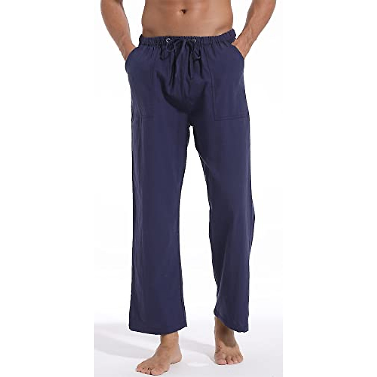 AITFINEISM Men's Casual Cotton Linen Pants Elastic Waist Lightweight Drawstring Summer Pants (42-44, B-Navy)