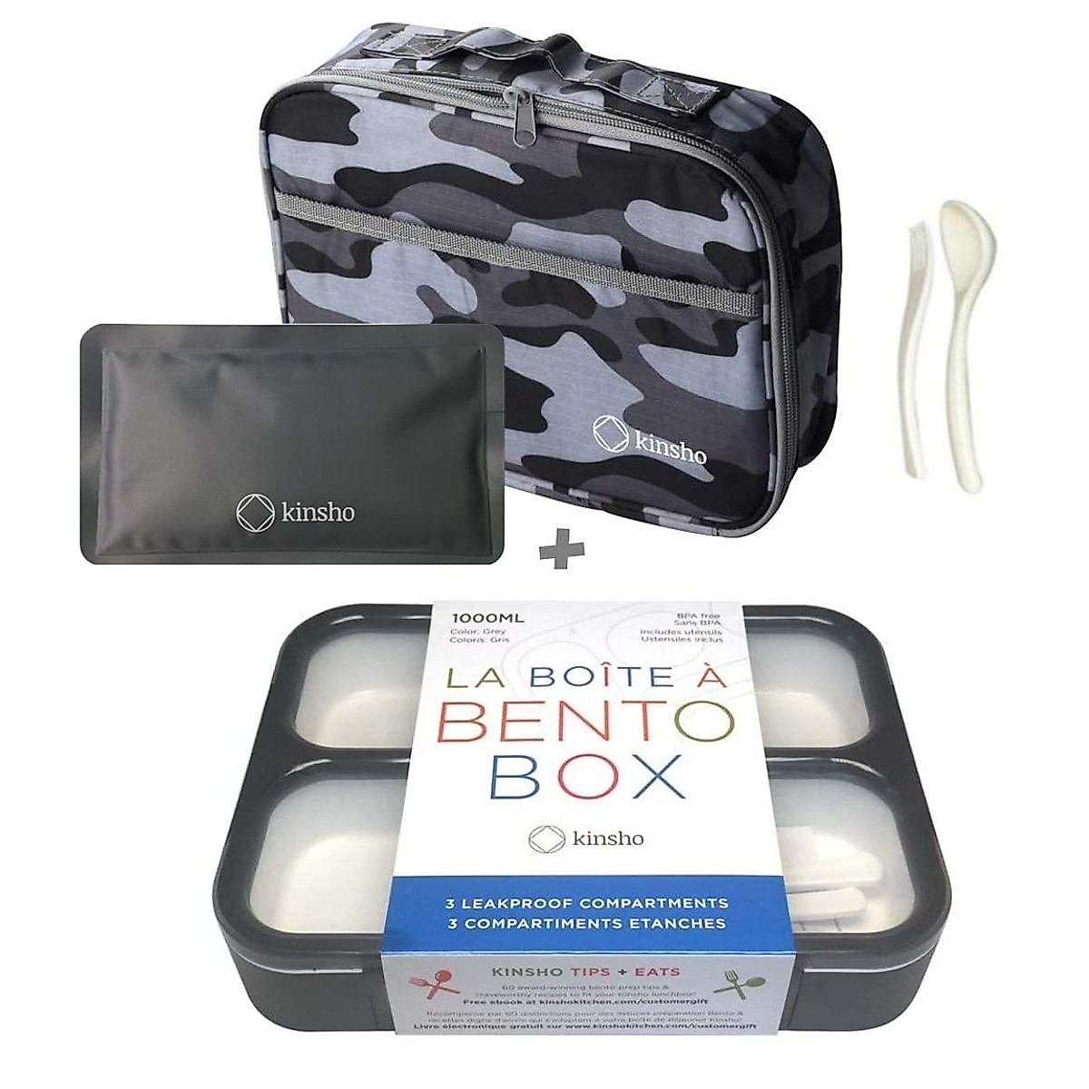 Camo Lunch Box for Boys | Bento Boxes with Bag, Ice Pack Set | Snack Containers for Kids Men Adults. 3 Leakproof Compartments, Container with Insulated Bags for School Lunches, Black Grey Camoflauge