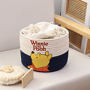 YAHUAN Cotton Rope Basket with Bear-Patterned Cotton Rope Storage Basket Collapsible Blanket Basket with Handles(blue white)