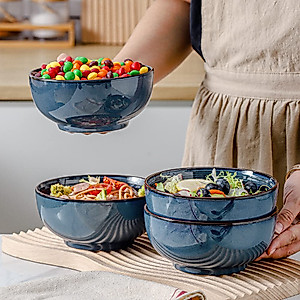 HVH Ceramic Cereal Bowls Set of 4, Soup Bowls Microwave Safe, 24 oz Ceramic Bowls for Kitchen, Salad, Oatmeal, Soup, Noodle, Farmhouse Style (Blue)