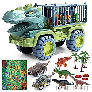 CUTE STONE Dinosaur Truck, Dinosaur Transport Car Carrier Truck with Dinosaur Toys, Friction Powered Cars, Activity Playmat, Dino Car Playset Toys for Kids Boys Grils