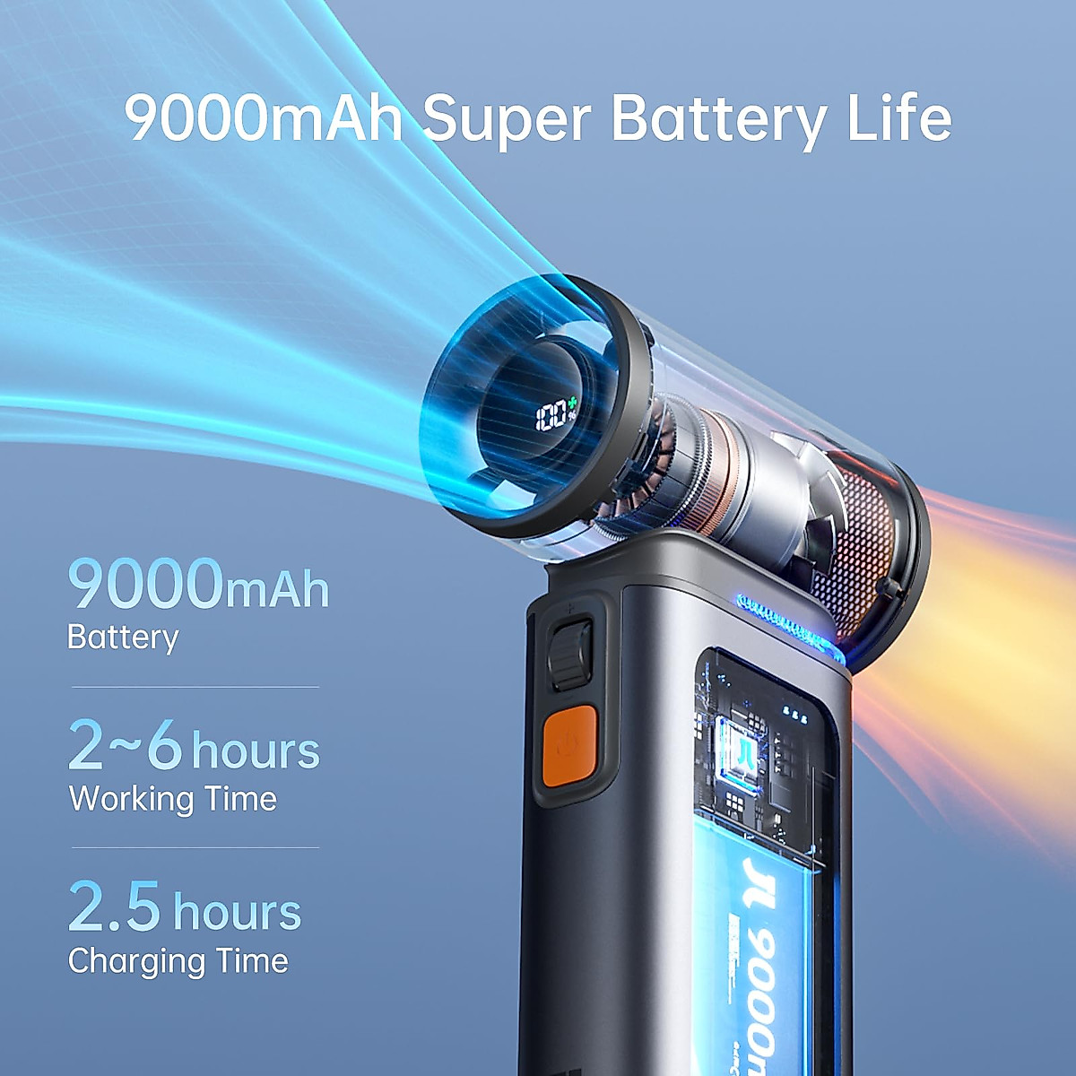 JISULIFE Portable Handheld Turbo Fan, 100 Speeds Adjustable Mini Personal Fan, 9000mAh USB Rechargeable Fan Battery Operated, LED Display, Metal Shell with Accessories Gifts for Men Women Travel- Grey