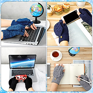 Newcotte 4 Pairs Winter Knitted Fingerless Gloves with Mitten Cover Convertible Fingerless Warm Wool Knit Flip Mittens(Black, Blue, Medium Gray, Navy Blue)