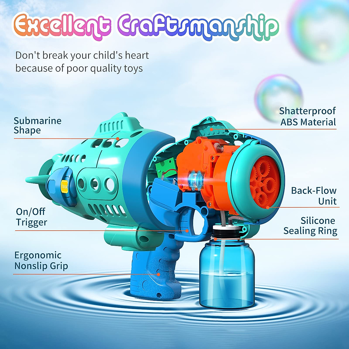 2 Bubble Gun with Bubble Liquid, Bubble Machine for Toddlers with 360-Degree Leak-Proof Design, Ergonomic Grip, Automatic Bubble Guns for Kids, Party Favors, Birthday Gift, Easter (2 Pack)