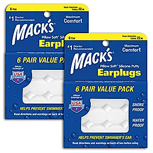 Mack's Pillow Soft Silicone Earplugs, Value Pack - The Original Moldable Silicone Putty Ear Plugs for Sleeping, Snoring, Swimming, Travel, Concerts and Studying, 6 Pair (Pack of 2)