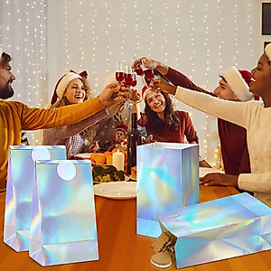 30 Pcs Iridescent Paper Gift Bag with Stickers Reusable Party Supplies Glitter Foil Holographic Paper Bag Candy Goodie Bag Gift Bags for Baby Shower Wedding Birthday Party Favors, 8.3 x 5 x 3 Inch