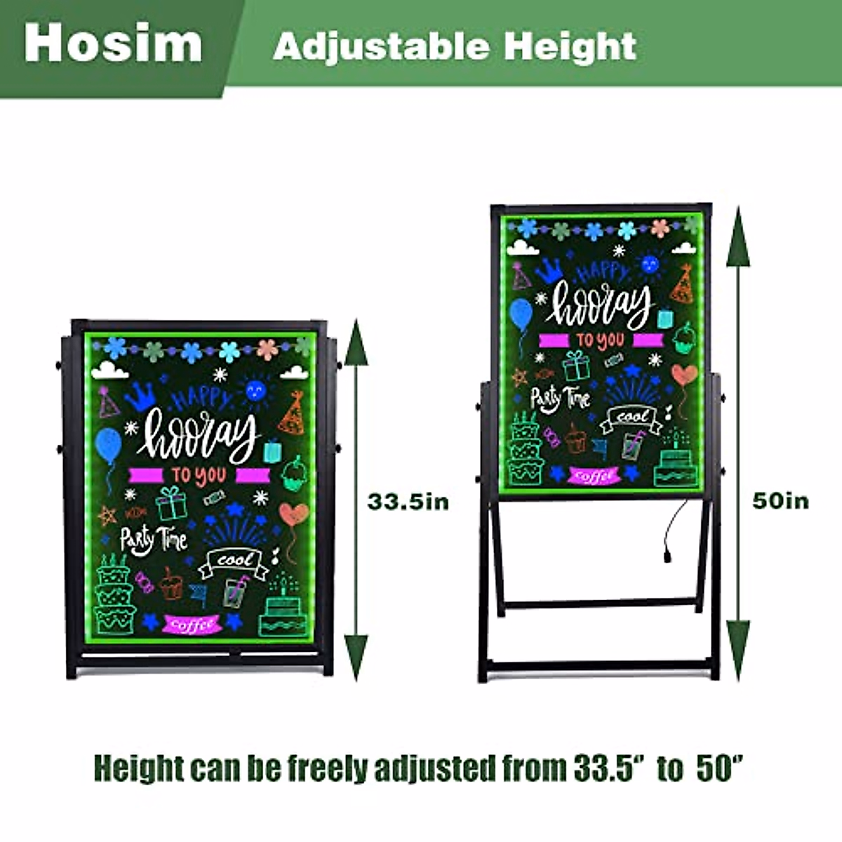 Hosim Standing A-Frame LED Message Writing Board, 32” x 24" Illuminated Erasable Neon Effect Restaurant Menu Sign, Flashing Mode DIY Message Chalkboard for Kitchen Wedding Promotions