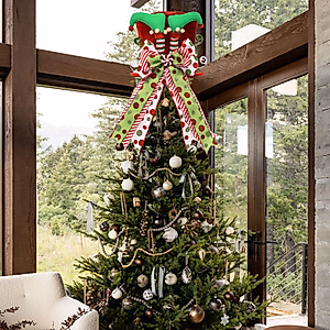 Montekin Christmas Tree Topper Hat with Bow, Red Velvet Top Hat Ornament with Elf Legs and Red & Green Polka Dot Bow, Winter Holidays Xmas Decor for Home Decoration