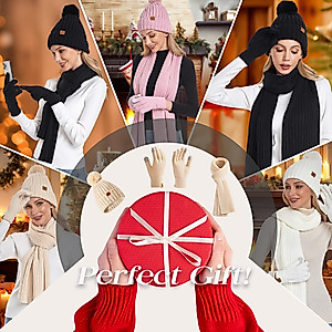 Coolprince Winter Beanie Hat Scarf Gloves Set for Women with Fleece Lined Womens Beanie with Pom Pom Long Scarf Neck Warmer Touchscreen Gloves for Women Men Dark Grey