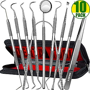 Dental Tools, Professional Teeth Cleaning Tools Stainless Steel Tartar Remover Oral Hygiene Care Scraper Tools Set for Adults, Kids, Family, Dogs with Leather Case, 11 Piece Set