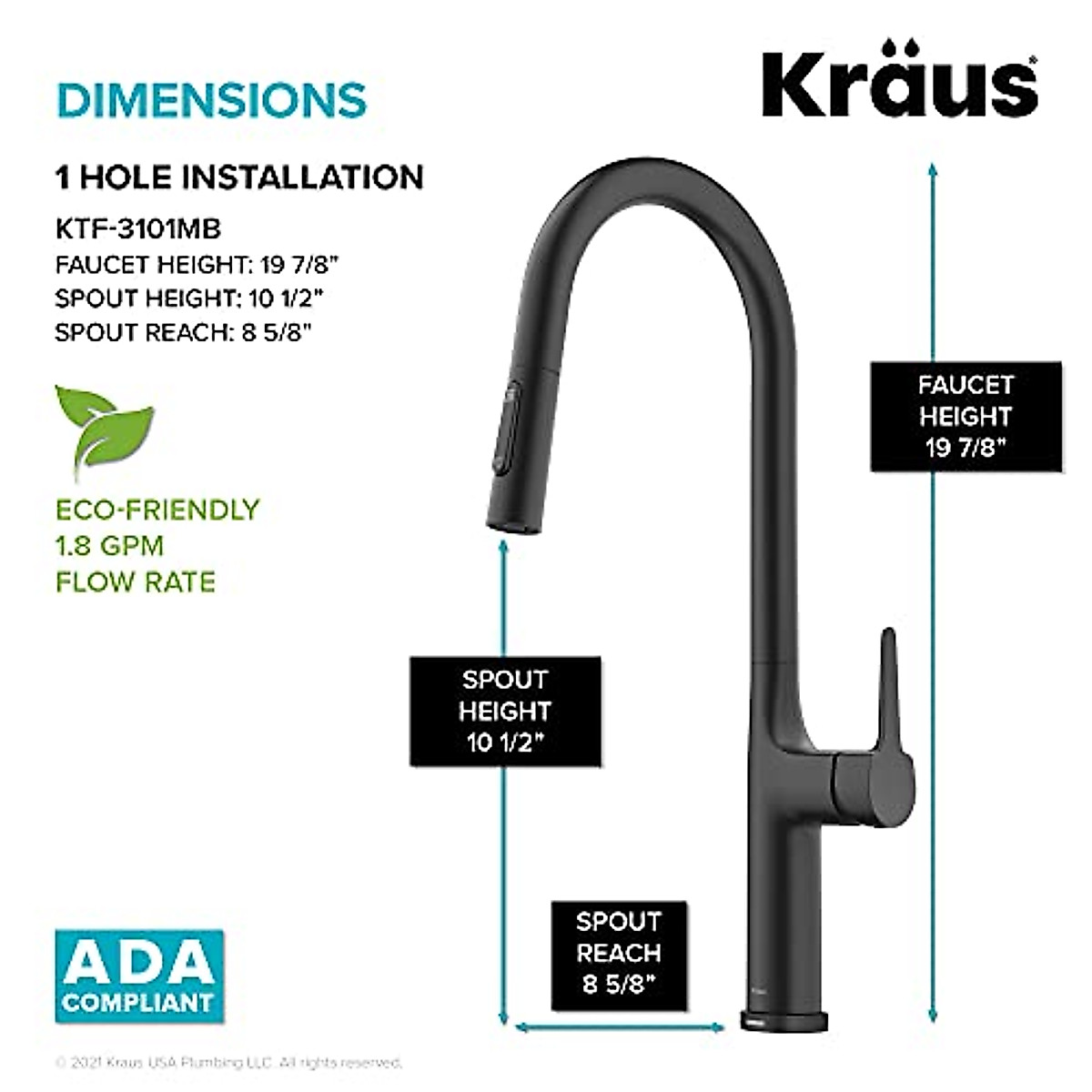 KRAUS Oletto Tall Modern Single-Handle Touch Kitchen Sink Faucet with Pull Down Sprayer in Matte Black, KTF-3101MB
