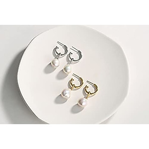 Elegant Pearl Hoop Dangle Earrings 925 Sterling Silver for Women Gold Plated Pearl Dangle Earrings Birthday Jewelry Gift (Silver)