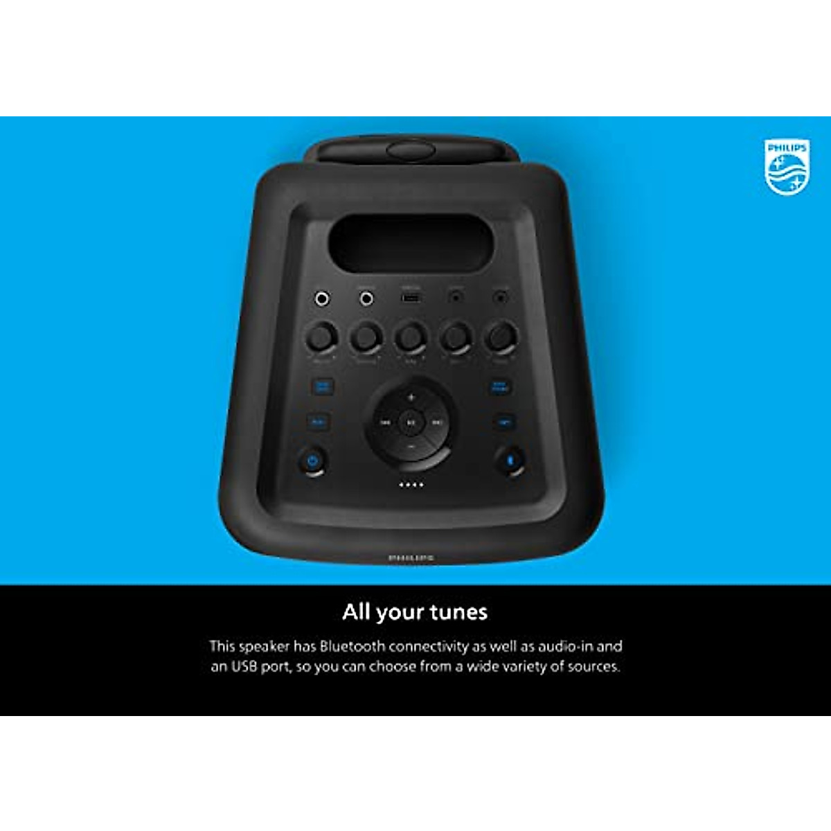 Philips X5206 Bluetooth Party Speaker with Extra bass, Up to 14 Hours Battery, Party Lights and Karaoke Effects, Microphone and Guitar Input, Audio-in, USB Charging, Built-in Trolley, TAX5206