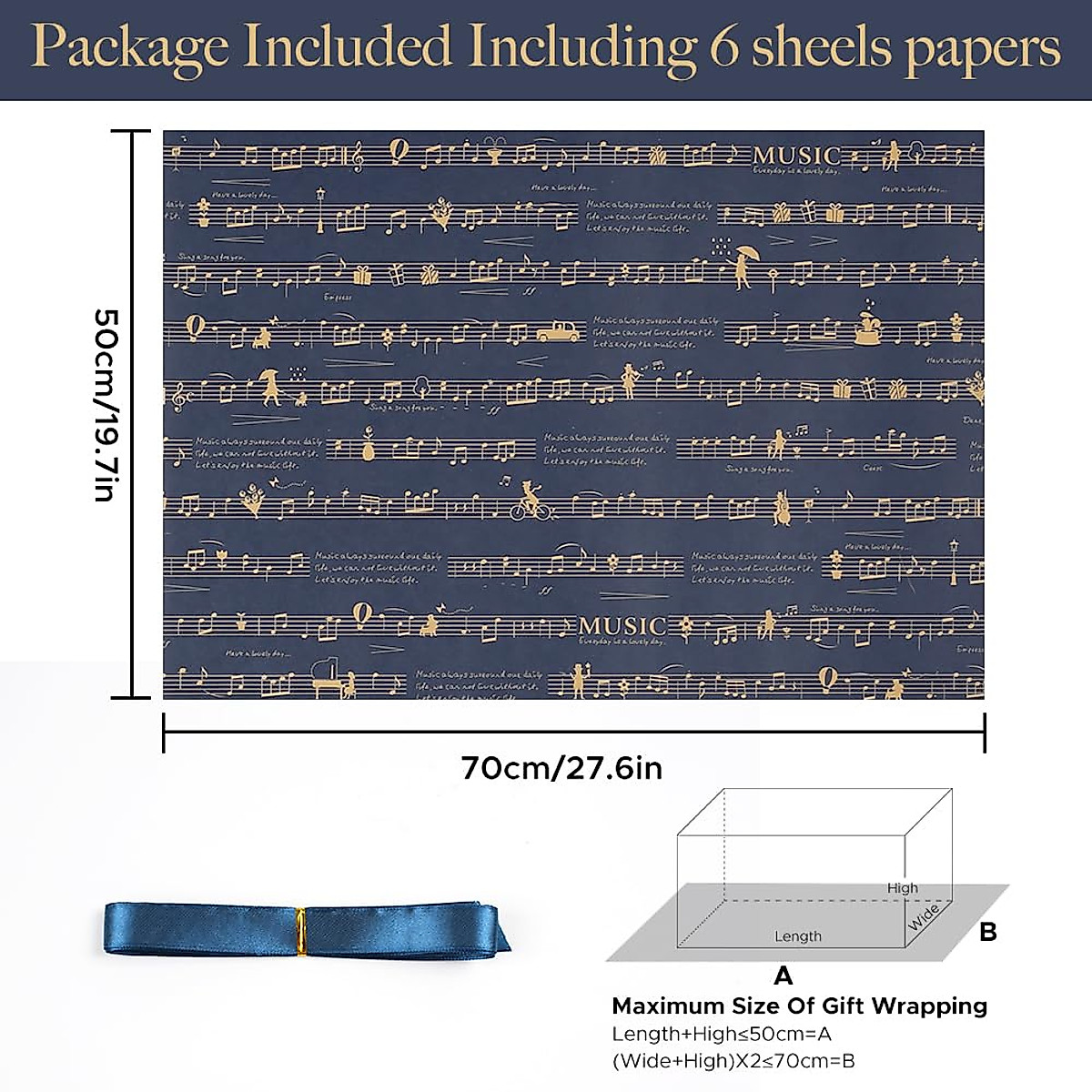 NEPOG Music Wrapping Paper, 6 Sheets Black Musical Notation Piano Score Musician Gift Wrap Folded Flat 20x28 inches per Sheet with Ribbon for Women Men Birthday Wedding Music Concert