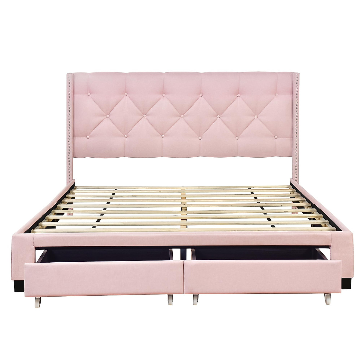 Upholstered Queen Size Platform Bed with 2 Drawer,Linen Fabric Solid Wood Bed Frame with Tufted Nail Head Board. Suitable for Children and Teenagers (Pink#1^)