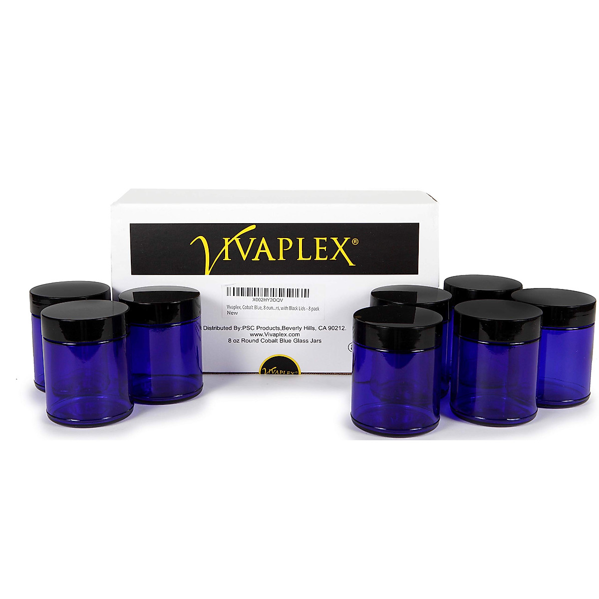 Vivaplex, Cobalt Blue, 8 ounce, Round Glass Jars, with Black Lids - 8 pack