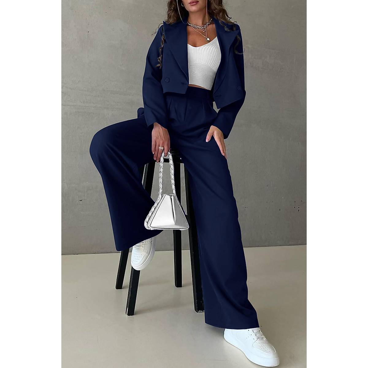 PRETTYGARDEN Women's 2 Piece Casual Outfits Cropped Blazer Jackets High Waisted Wide Leg Work Pants Suit Set (Navy,Large)