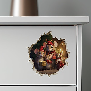 Christmas Family Mouse Hole Decal - Holidy Mice Sticker with 3D Effect