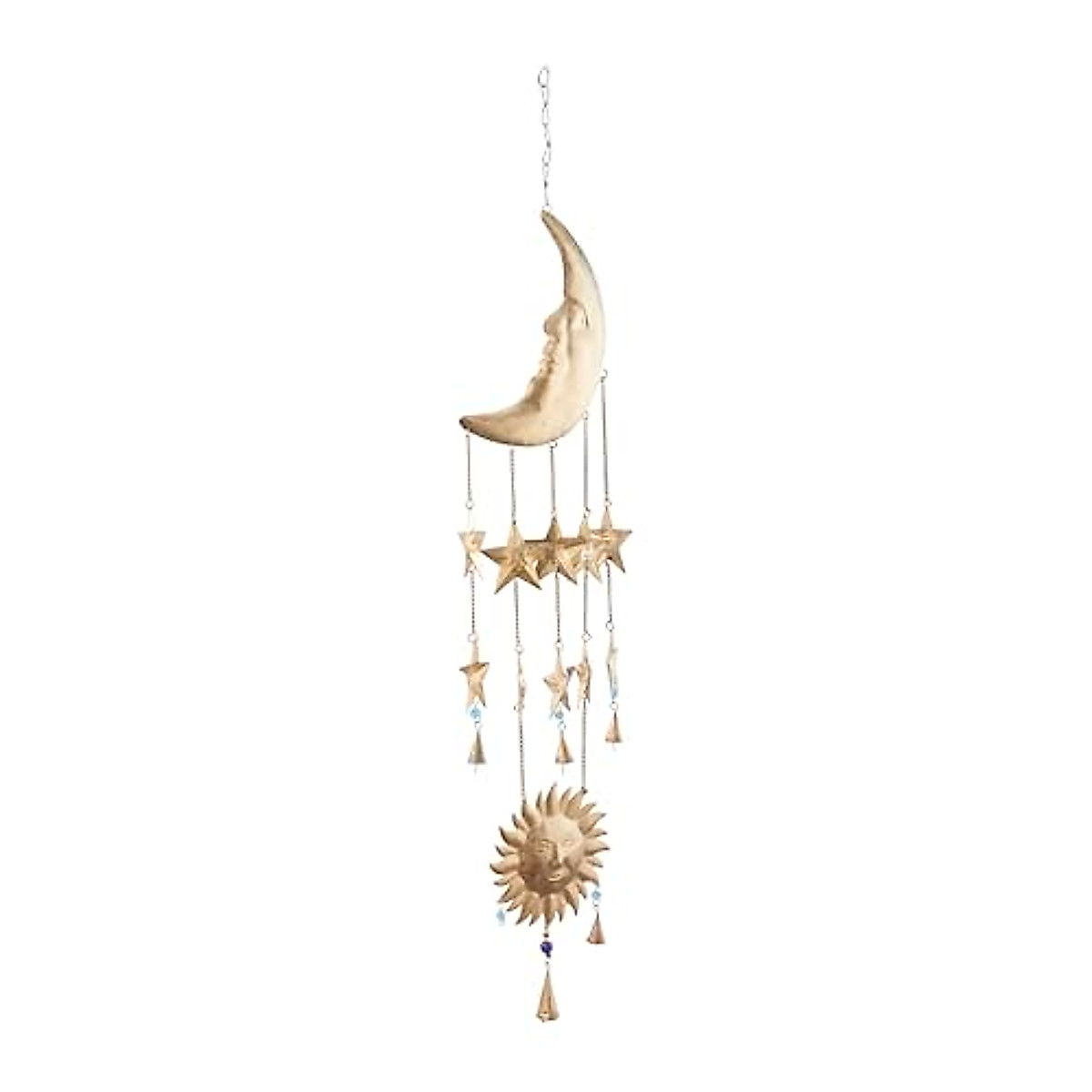 Deco 79 Metal Sun and Moon Windchime with Glass Beads and Cone Bells, 9" x 1" x 39", Gold