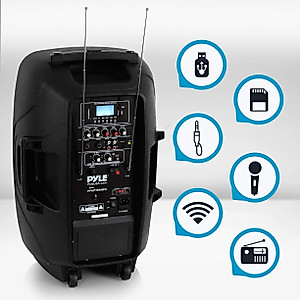 Pyle PPHP1299WU.5 Karaoke Portable PA Speaker System - 1000W Active Powered Wireless Bluetooth Compatible Outdoor Speaker W/Rechargeable Battery, Wheels, USB MP3 RCA, 2 UHF Microphone, Remote, Black