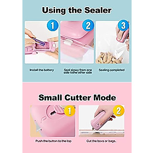 NOBVEQ Mini Bag Sealer, Handheld Heat Vacuum Sealer, Cutter with Lanyard and 2 in 1 Heat Sealer , Portable Bag Resealer Machine for Plastic Bags Food Storage Snacks Freshness(Batteries Included)-PINK