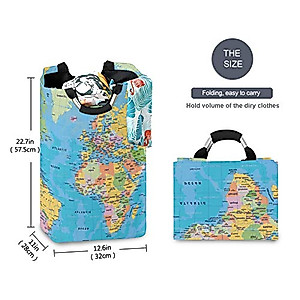Baofu World Map Laundry Hamper Large Dirty Foldable Clothes Bags Waterproof Durable Lightweight Oxford Round Collapsible Storage Basket Organization with Handles for Home Bathroom Bedroom