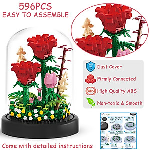 Flower Bouquets Building Sets, 596PCS Red Rose Flower Building Blocks with Dust Cover Forever Rose Home Decor, Birthday Gifts Valentines Day Gifts for Her Women Mom Girlfriend Wife (RED)