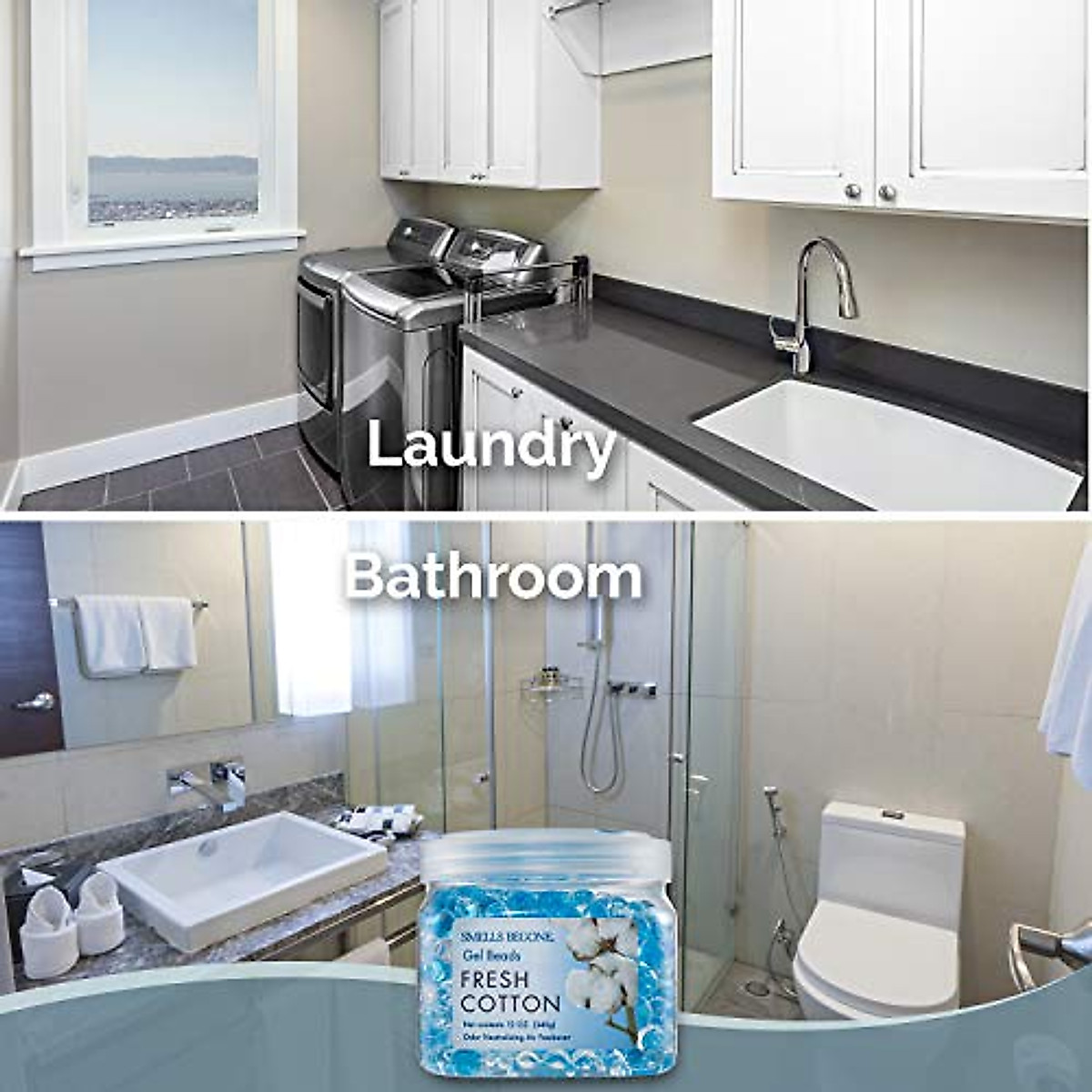 SMELLS BEGONE Odor Eliminator Gel Beads - Air Freshener - Eliminates Odor in Bathrooms, Cars, Boats, RVs & Pet Areas - Made with Essential Oils - Fresh Cotton Scent - 12 Ounce