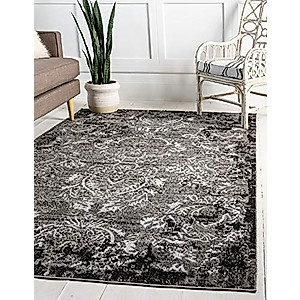Unique Loom Botanical Collection Distressed, Bohemian, Vintage, Victorian, Indoor and Outdoor Area Rug, 7 ft x 10 ft, Light Gray/Black