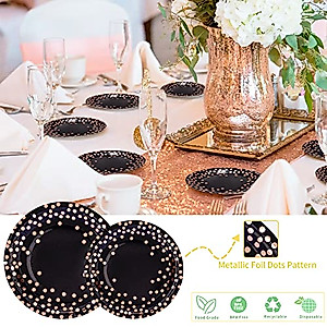 Round Disposable Black and Rose Gold Dotted Paper Plates - 50 x 9" and 50 x 7" Dinner Plates, Foil Polka Dots Occasions