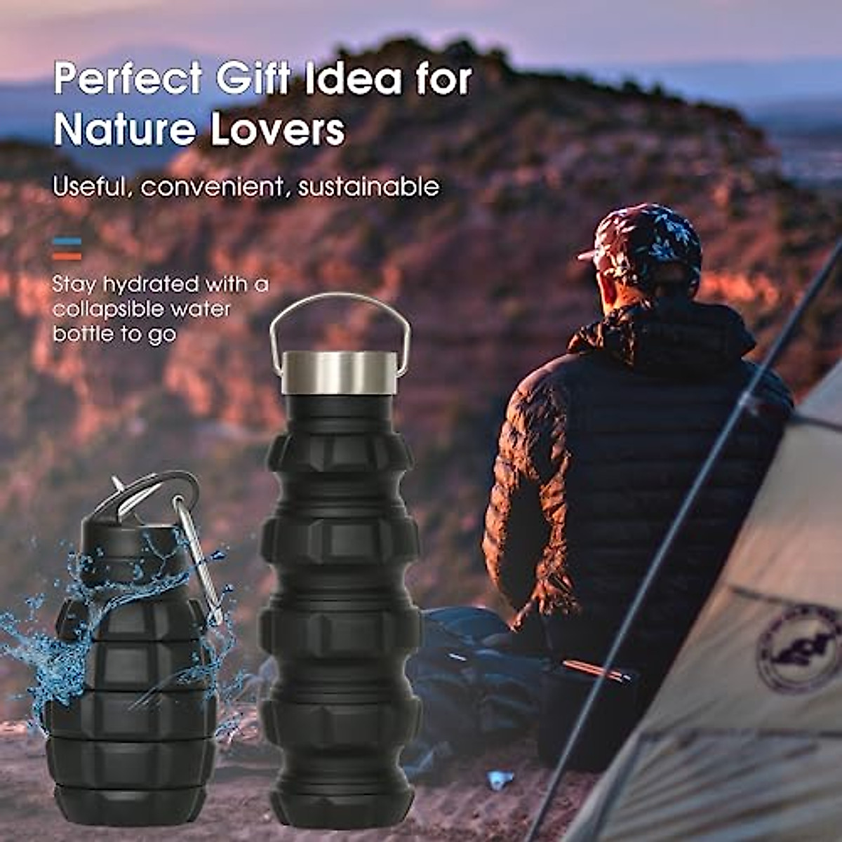 Collapsible Water Bottle 19.6oz - Gift Box, 2 Lids, Carabiner - Leak Proof Water Bottles for Veteran's Day - Reusable Water Bottles with Military Style - Travel Water Bottles - Gifts for Men (Black)