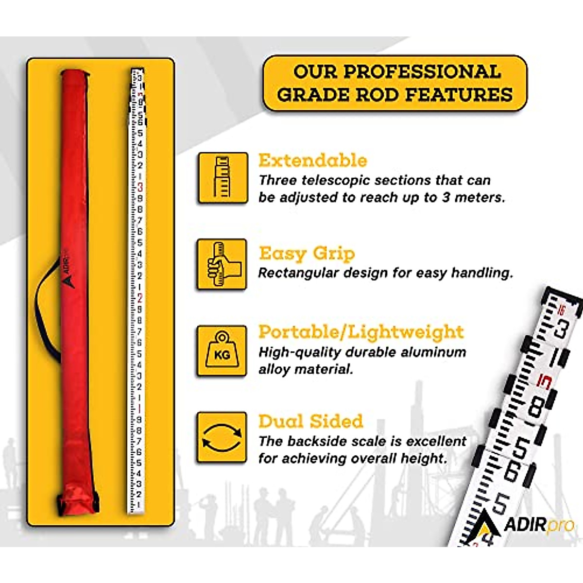 AdirPro 16-Foot Aluminum Grade Rod - 10ths, Dual Sided 5-Section Telescopic Leveling Rod – Bubble Level and Soft Carrying Case Included