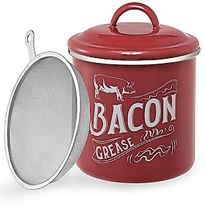 [ Larger Capacity ] Bacon Grease Container with Fine Strainer and Lid - 38 OZ Enamel Bacon Grease Keeper Oil Can for Bacon Fat Dripping - Farmhouse or Kitchen Gift & Decor, Bacon Cooker Accessories