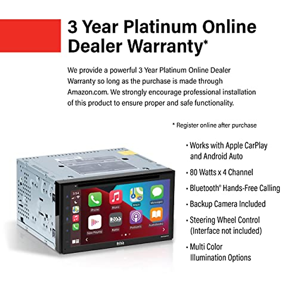 BOSS Audio Systems BCPA9690RC Car Audio Stereo System - Apple CarPlay, Android Auto, 6.75 Inch Double-Din, Touchscreen, Bluetooth Head Unit, Backup Camera, Radio Receiver, CD Player, for Amplifier