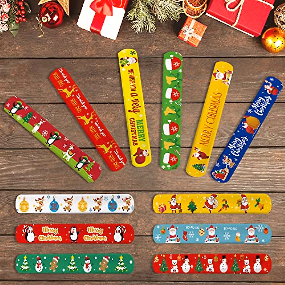 MSEAANBK 48 PCS Christmas Slap Bracelets, Christmas Toys for Kids Boys Girls, Xmas Santa Reindeer Snap Bracelet for Kids Christmas Stocking Stuffers Bag Filler Party Favor Supply