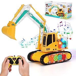 Remote Control Excavator,RC Excavator Toy Age 4-7 RC Construction Vehicles with Sound Lights Birthday for Boys 6 7 8 9