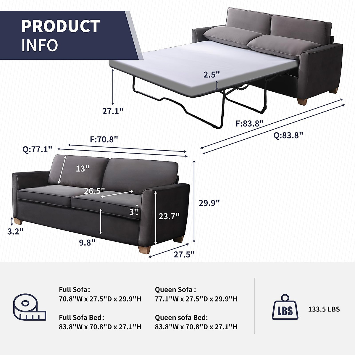ijuicy Queen Size Pull Out Couch, Pull Out Sofa Bed with Foam Mattress, Velvet Sofa with Pull Out Bed, 2-in-1 Sleeper Couch Bed for Living Room, Apartment, Small Spaces (Dark Grey)