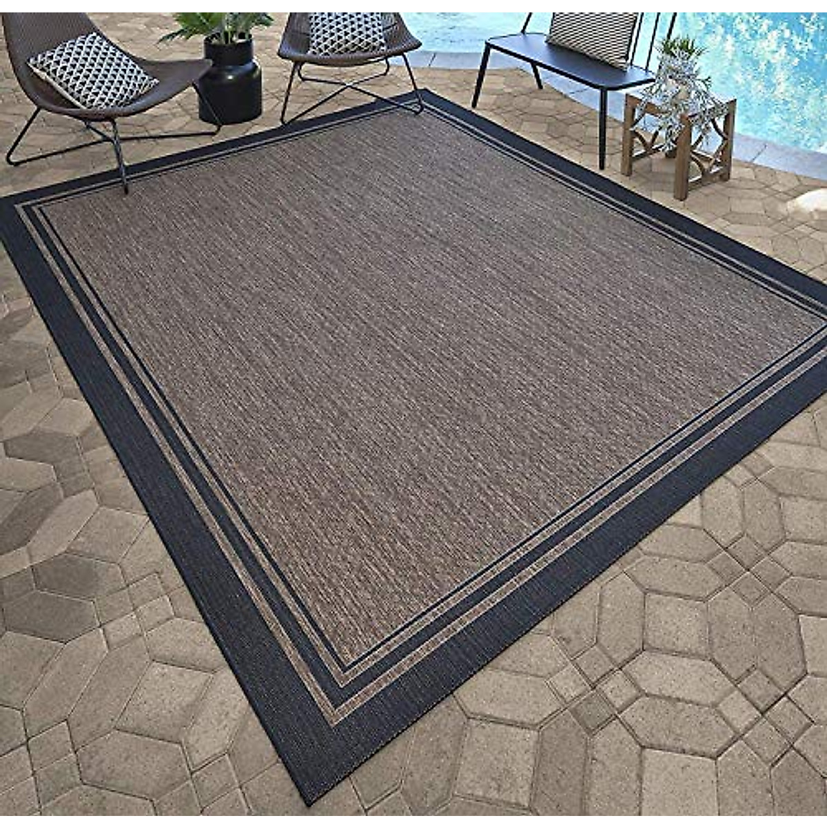 Gertmenian Indoor Outdoor Area Rug, Classic Flatweave, Washable, Stain & UV Resistant Carpet, Deck, Patio, Poolside & Mudroom, 5x7 Ft Standard, Simple Border, Black Nut Brown, 21358