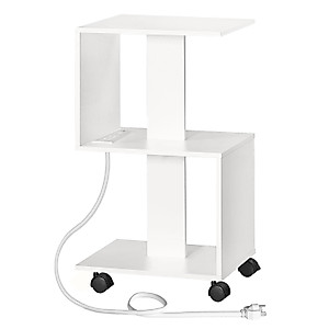 MAHANCRIS Narrow Nightstand with Charging Station, White Bedside Table with Power Outlets and USB Ports, S-Shaped Side Table, 3-Tier Nightstand with Wheels, for Bedroom, Living Room, White ETWT77E01