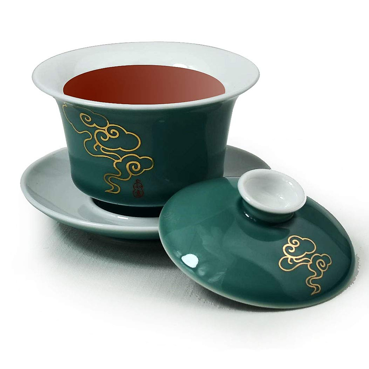 Porcelain Gaiwan 5oz /150ml Teacup White Glazed Classical Chinese Auspicious Clouds Tea Cup Tureen Sancai Cover Bowl Lid Cup Saucer Set (Green)