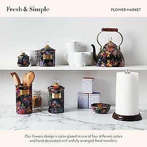 MACKENZIE-CHILDS Black Flower Market Enamel Canister, Floral Kitchen Storage Container with Lid, Small