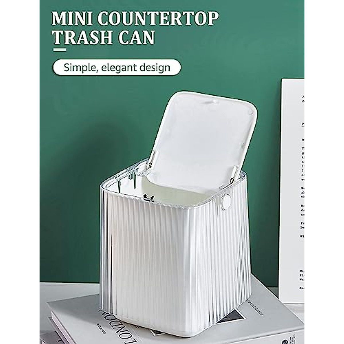 SUNTEREST Small Desktop Trash Can with Lid,Mini Garbage Can with Trash Bags,Modern Vanity Little Countertop Waste Bin,Press Type Tiny Table Trash Bucket for Bathroom,Kitchen,Bedroom,Office (White)