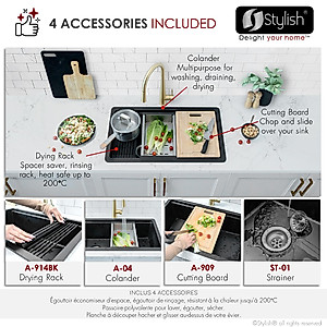 STYLISH 28 x 18 inch Workstation Dual Mount Granite Composite Single Bowl Reversible Kitchen Sink with Regular Strainer, Colander, Drying Rack and Cutting Board (Black) S-828WN