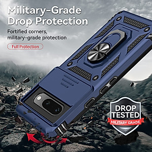 for Google Pixel 7a Case with Slide Camera Cover HD Screen Protector [Military Grade 16ft. Drop Tested] Magnetic Ring Holder Kickstand Protective Phone Case for Google Pixel 7a, Navy Blue