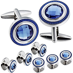 Crystal Cufflinks and Studs Sets for Men's Tuxedo Shirts with Gift Box - One Pair Cufflinks with 6 pcs Studs - Blue