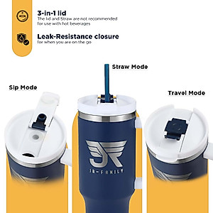 JR-FAMILY 40oz Spill Proof Tumbler with Lid Straw and Handle, Stainless Steel Insulated Travel Coffee Mug, Cup Holder Friendly, Easy Clean, Gifts for Women Men - Navy Blue