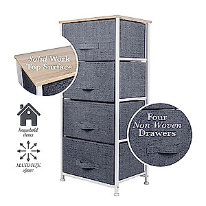 Simplify 4 Tier Vertical Storage Chest | Dresser | Nightstand | Fabric Drawers | Sturdy Steel Frame | Organizer | Bedroom | Closet | Easy to Assemble | Grey