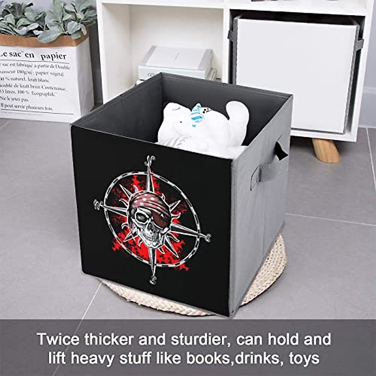 Compass Pirate Skull Foldable Storage Bins Printd Fabric Cube Baskets Boxes with Handles for Clothes Toys, 11x11x11