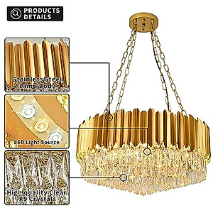Fitsai Modern Gold Crystal Chandelier Light with Remote Control, Dimmable Round LED Pendant Light, Ceiling Light Fixtures for Dining Room Living Room Bedroom Variable Light
